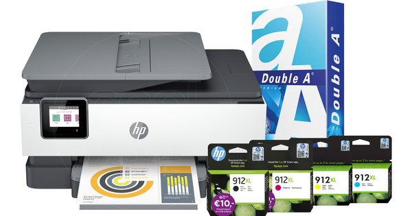 HP OfficeJet Pro 8022e + 1 Set Extra Ink + 500 Sheets A4 Paper ...